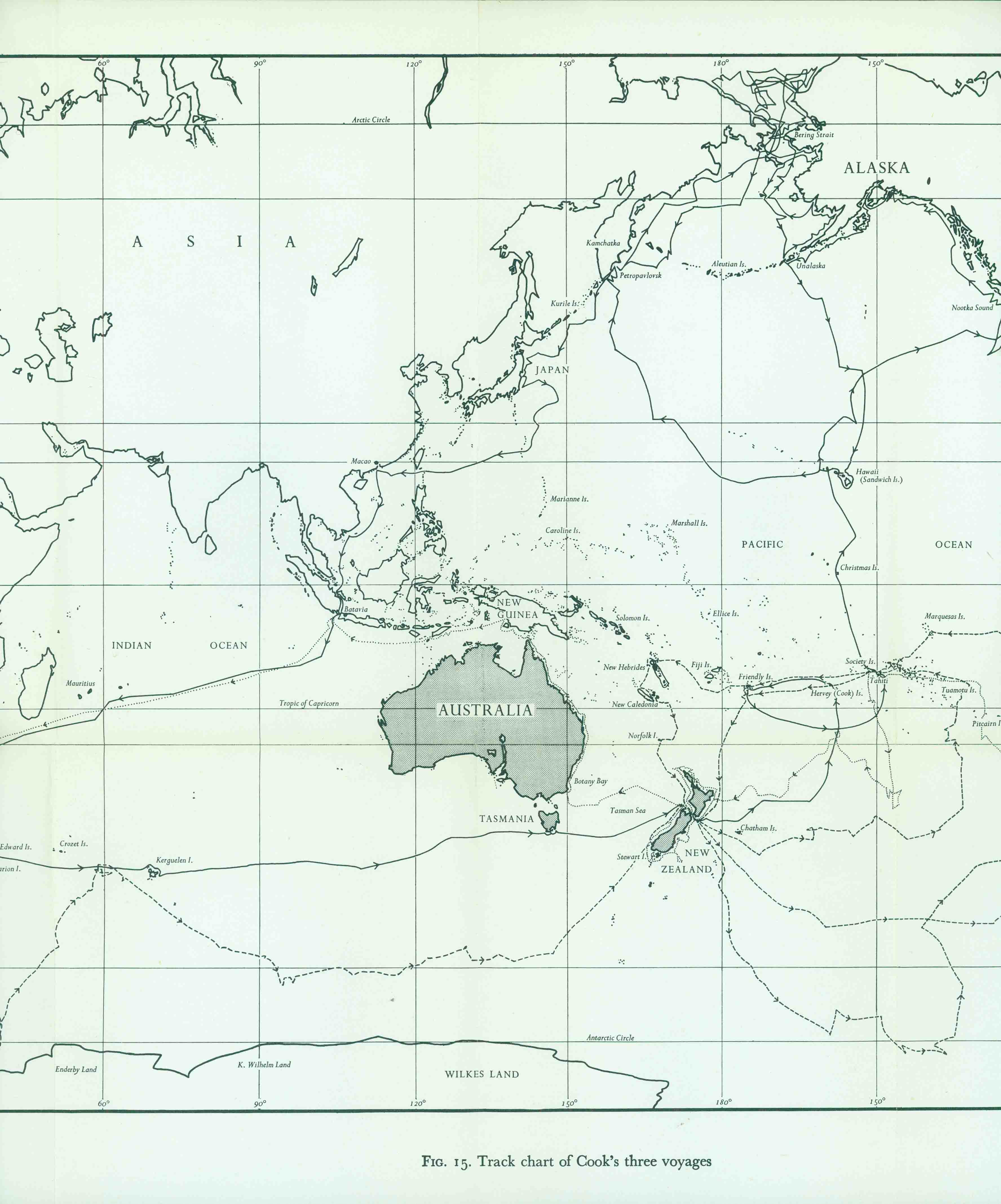 TRACK CHART OF COOK'S THREE VOYAGES.