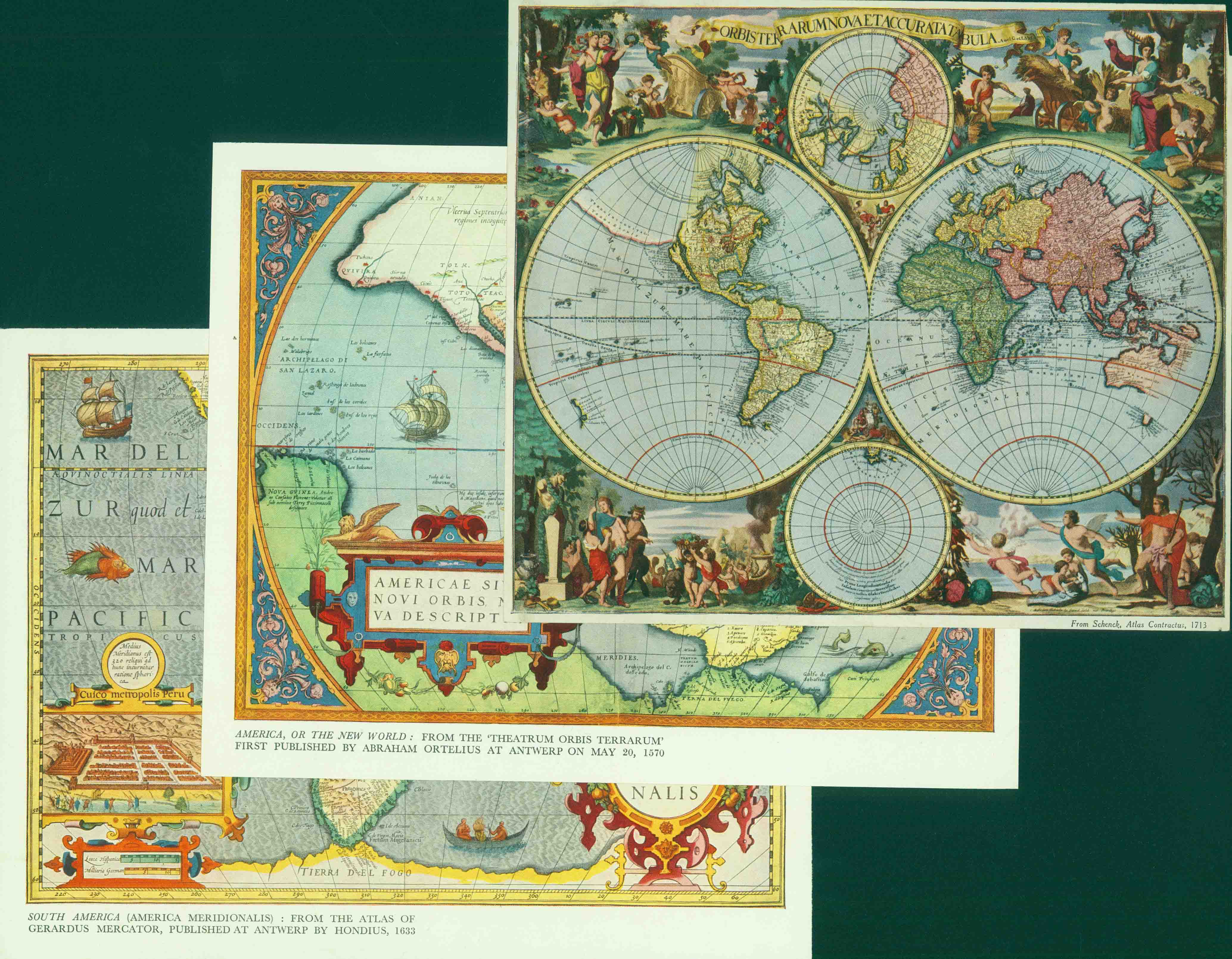 THREE COLOUR REPRODUCTIONS OF OLD MAPS,